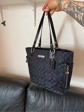 Coach | Bags | Coach Black Signature Jacquard Tote With Leather Straps ...